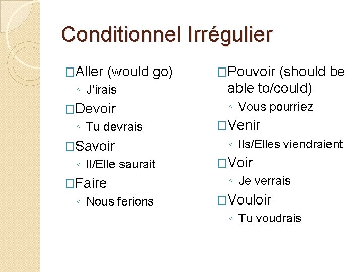 Le Conditionnel avec les Verbes Irrgulier Victoria Lake