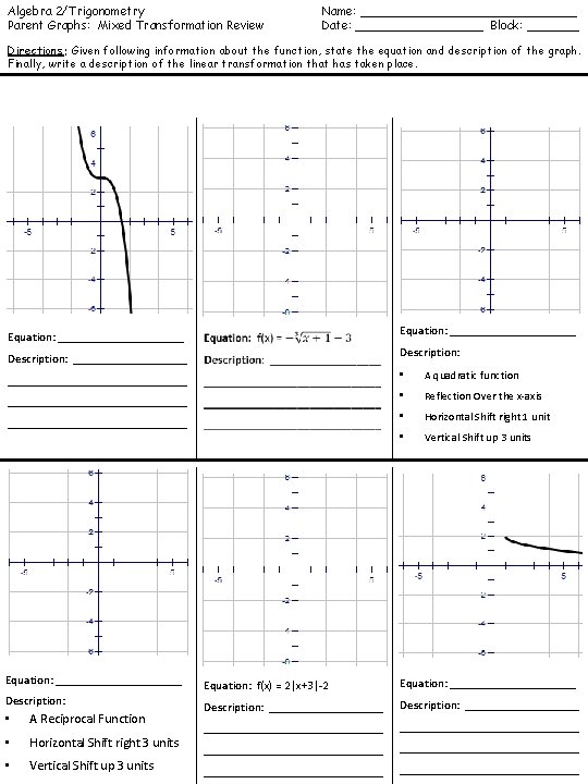 Algebra 2Trigonometry Parent Graphs Mixed Transformation Review Name