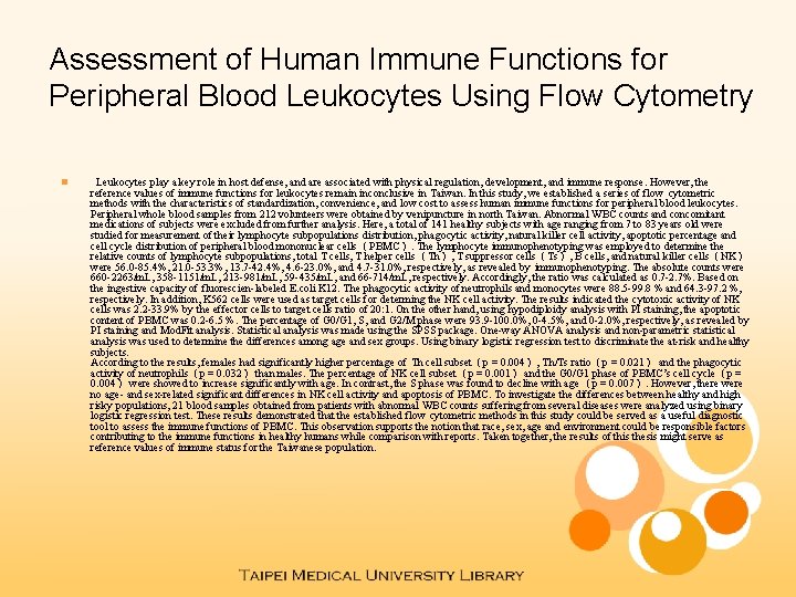 Assessment of Human Immune Functions for Peripheral Blood
