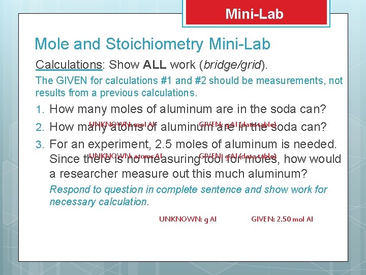 MiniLab Mole and Stoichiometry MiniLab Procedures 1 Record