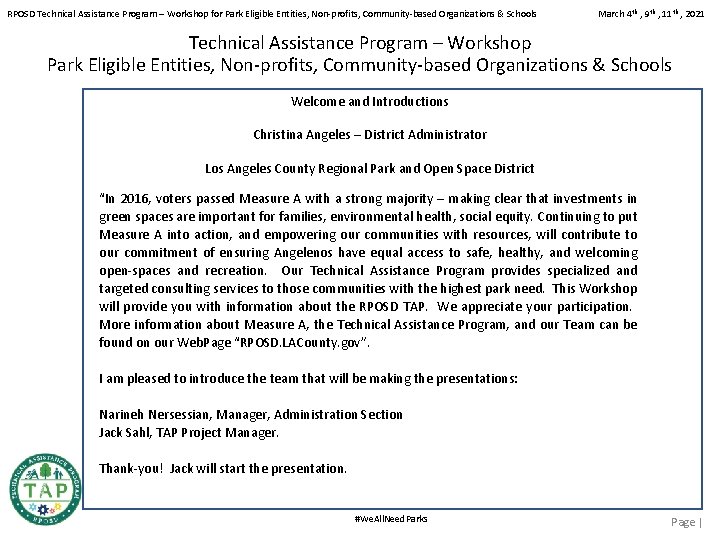 Technical Assistance Program Workshop Park Eligible Entities Nonprofits