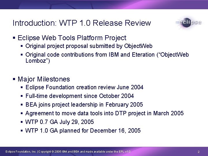 Eclipse WTP 1 0 Release Review 16 November