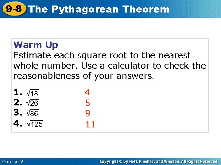 9 8 The Pythagorean Theorem Warm Up Problem