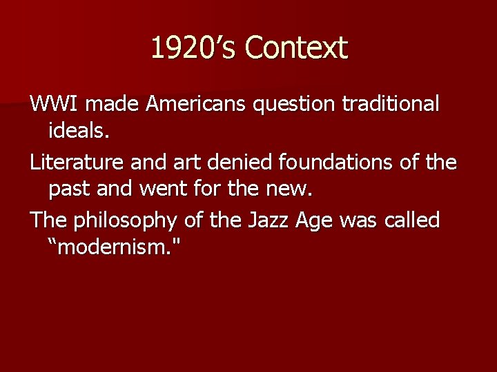 Background to The Great Gatsby World War I