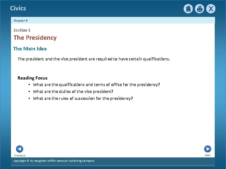 Civics Chapter 6 The Executive Branch Next Copyright