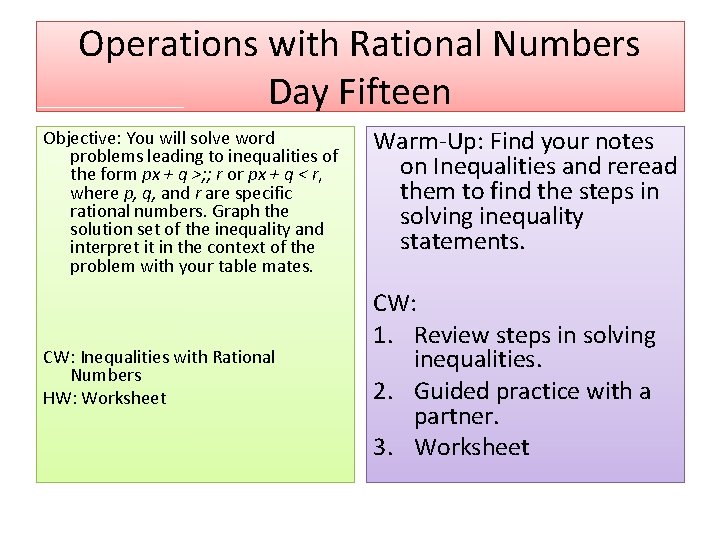 Operations with Rational Numbers Day Twelve Essential Question