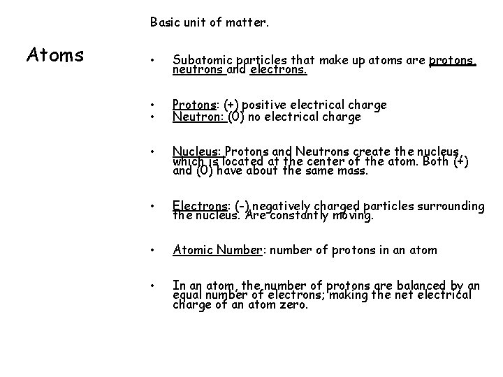The Chemistry of Life Basic unit of matter