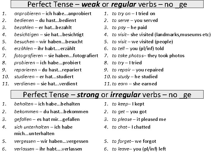 Perfect Tense weak or regular verbs 1 2