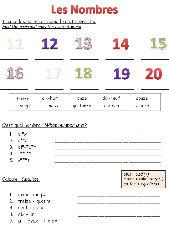 Les Nombres Trouve les paires et copie le