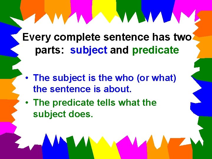 Predicates Every complete sentence has two parts subject