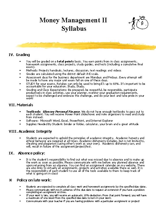 Money Management II Syllabus Ms Christy Garrett Room
