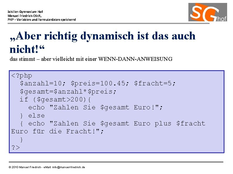 SchillerGymnasium Hof Manuel Friedrich OSt R PHP Variablen