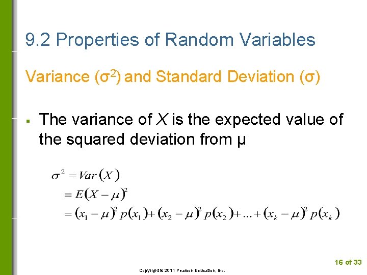 Chapter 9 Random Variables Copyright 2011 Pearson Education