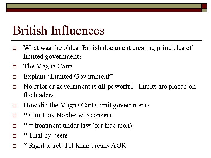European Influences on American Government Objectives 1 Review