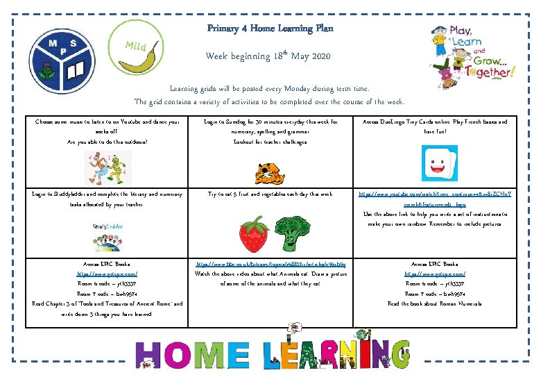 Primary 4 Home Learning Plan Week beginning 18