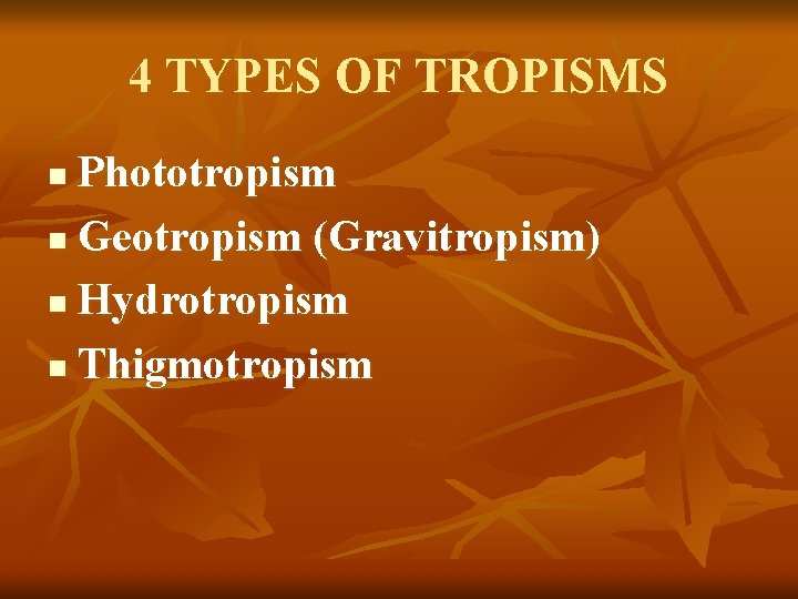 PLANT TROPISM Objectives n n n Identify tropisms