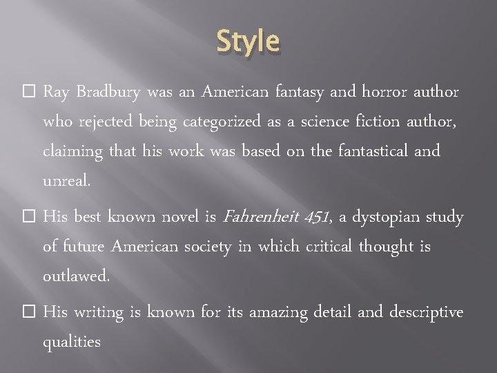 INTRODUCTION TO RAY BRADBURY y r u Ray