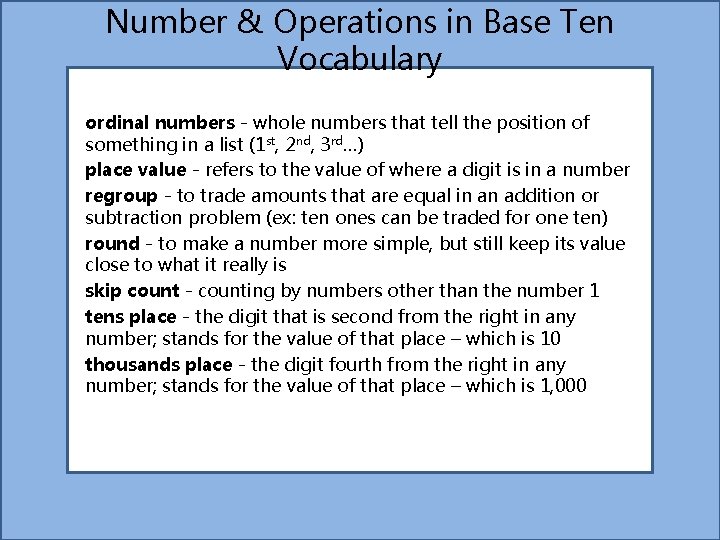 Number Operations in Base Ten Vocabulary cardinal numbers