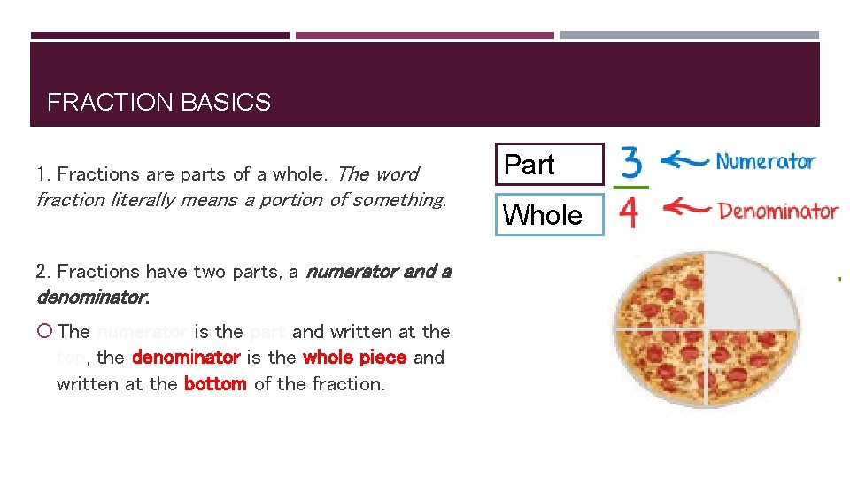 FRACTIONS FRACTION BASICS 1 Fractions are parts of