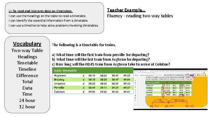 To read and interpret data on timetables Year