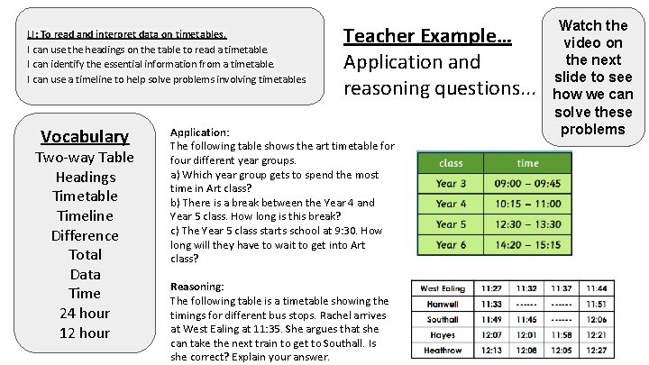 To read and interpret data on timetables Year