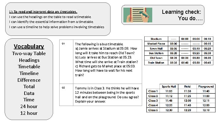 To read and interpret data on timetables Year