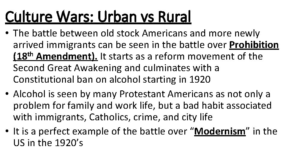 The 1920s Cultural Conflicts Urban Cities vs Rural