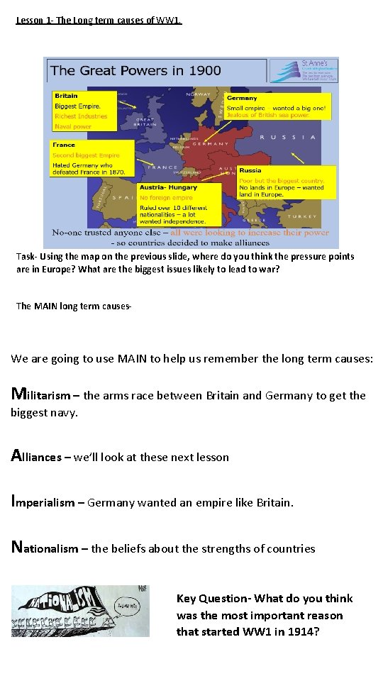 Year 9 History Workbook World War One Lesson