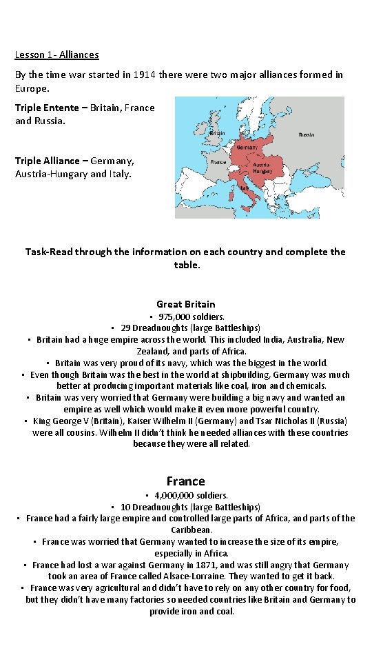 Year 9 History Workbook World War One Lesson