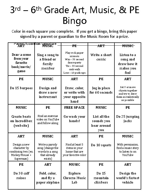 Kindergarten 2 nd Grade Art Music PE Bingo