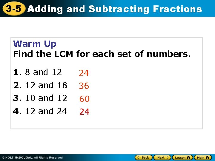 3 5 Adding and Subtracting Fractions Warm Up