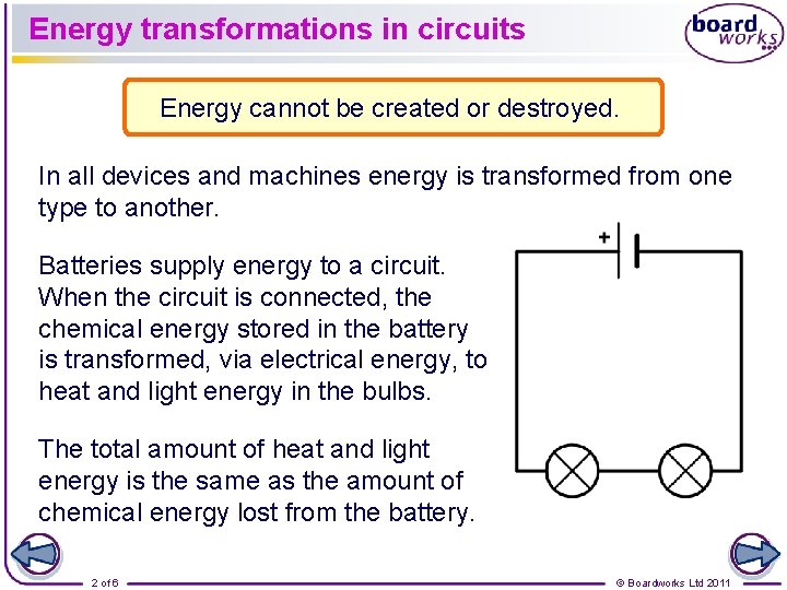 1 of 6 Boardworks Ltd 2011 Energy transformations