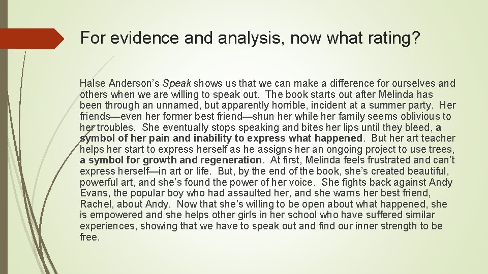 Using Writing Rubric Examples with the book Speak