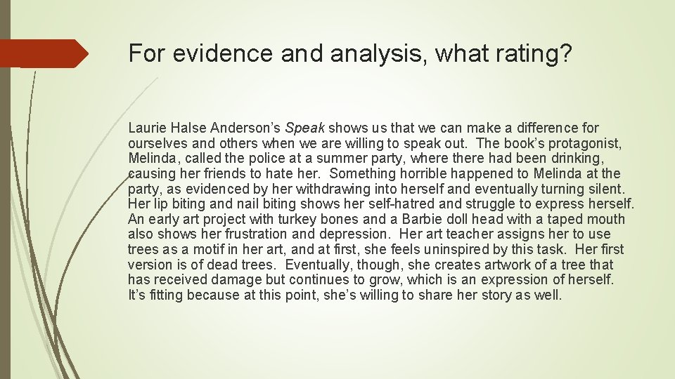 Using Writing Rubric Examples with the book Speak