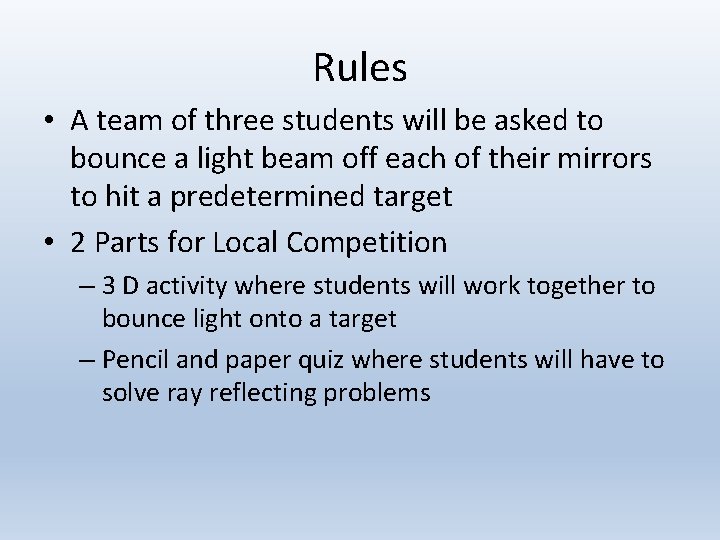 Reflection Relay Robert C Fisler Elementary Science Olympiad