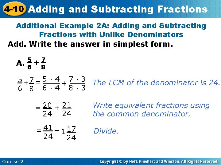 4 10 Adding and Subtracting Fractions Warm Up