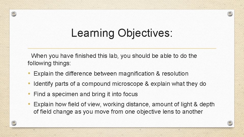 Microscopy Cell Theory Biology 104 Fall 2016 Semester