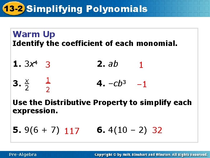 13 2 Simplifying Polynomials Warm Up Problem of