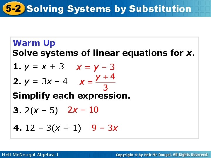 5 2 Solving Systemsby by Substitution Warm Up
