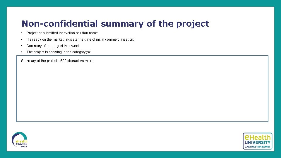 2021 e Health Awards Application form Objective and