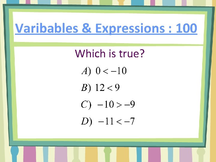 Chapter 1 Jeopardy Variables Expressions Order of Operations