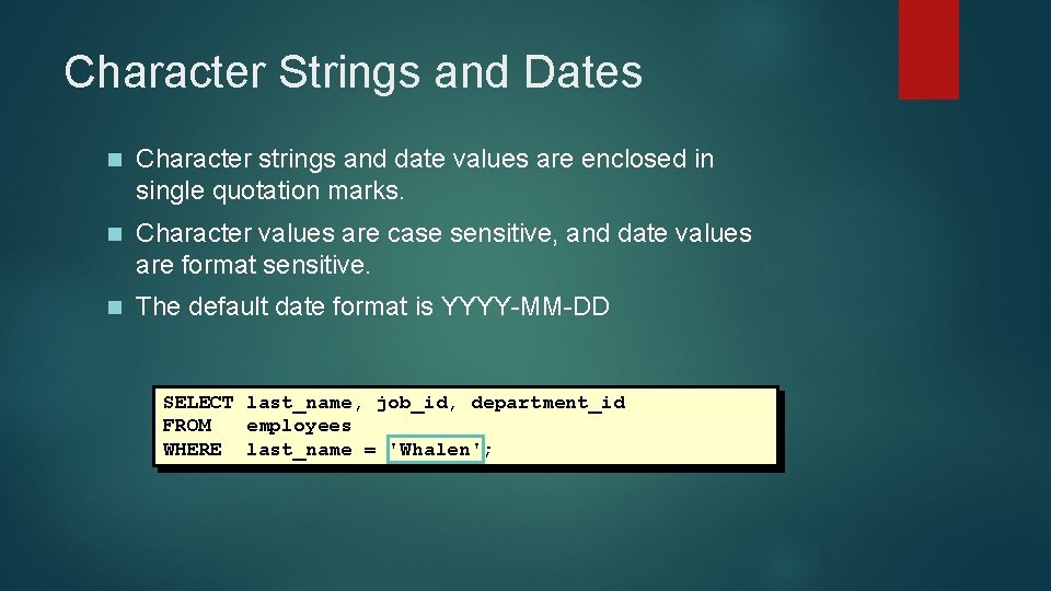 SQL Training Basic SQL Restricting and Sorting Data SQL Training Basic SQL Restricting and Sorting Data