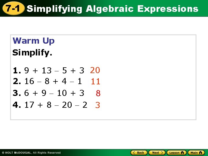 7 1 Simplifying Algebraic Expressions Warm Up Problem