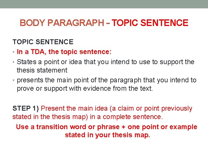 TDA ESSAY Part Two Body Paragraphs BODY PARAGRAPHS