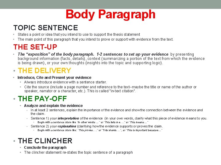 TDA ESSAY Part Two Body Paragraphs BODY PARAGRAPHS