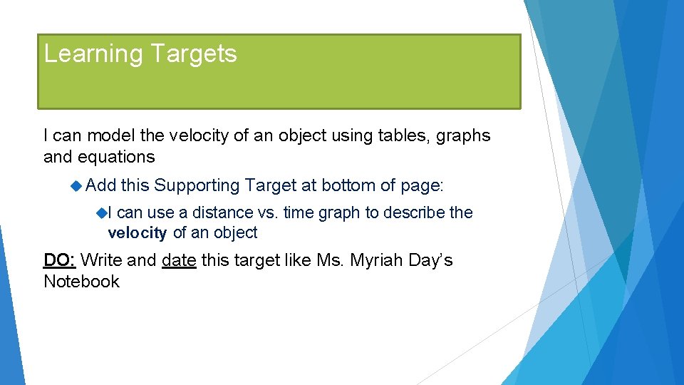 Unit 2 Velocity Day 3 Graphing RunJogWalk Board