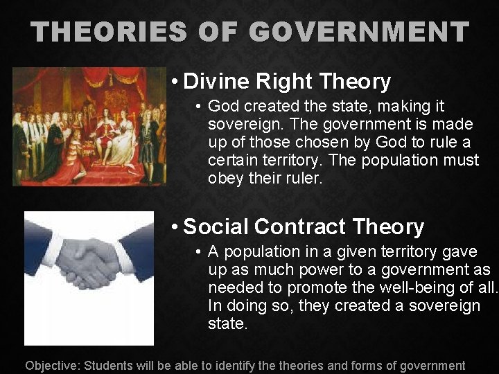 THEORIES AND FORMS OF GOVERNMENT Objective SWBAT identify