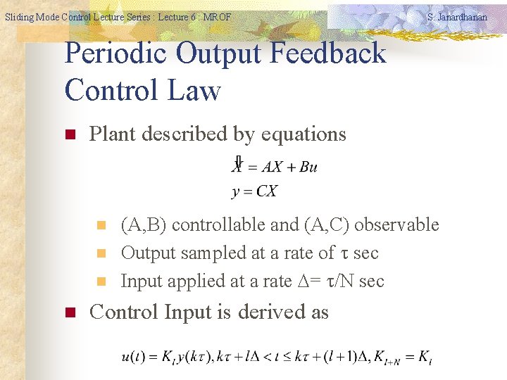 Multirate Output Feedback S Janardhanan Sliding Mode Control