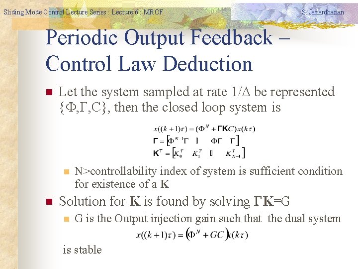 Multirate Output Feedback S Janardhanan Sliding Mode Control