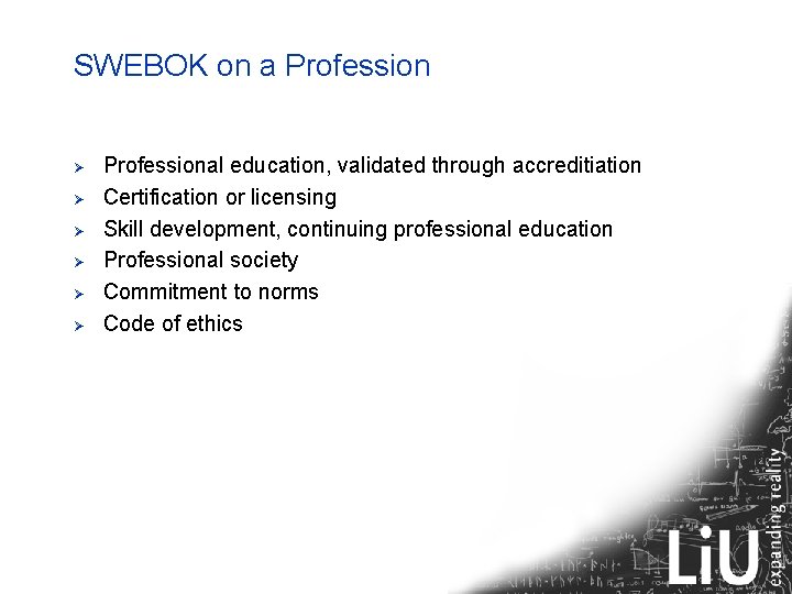 Professionalism and ethics Basic concepts SWEBOK on a